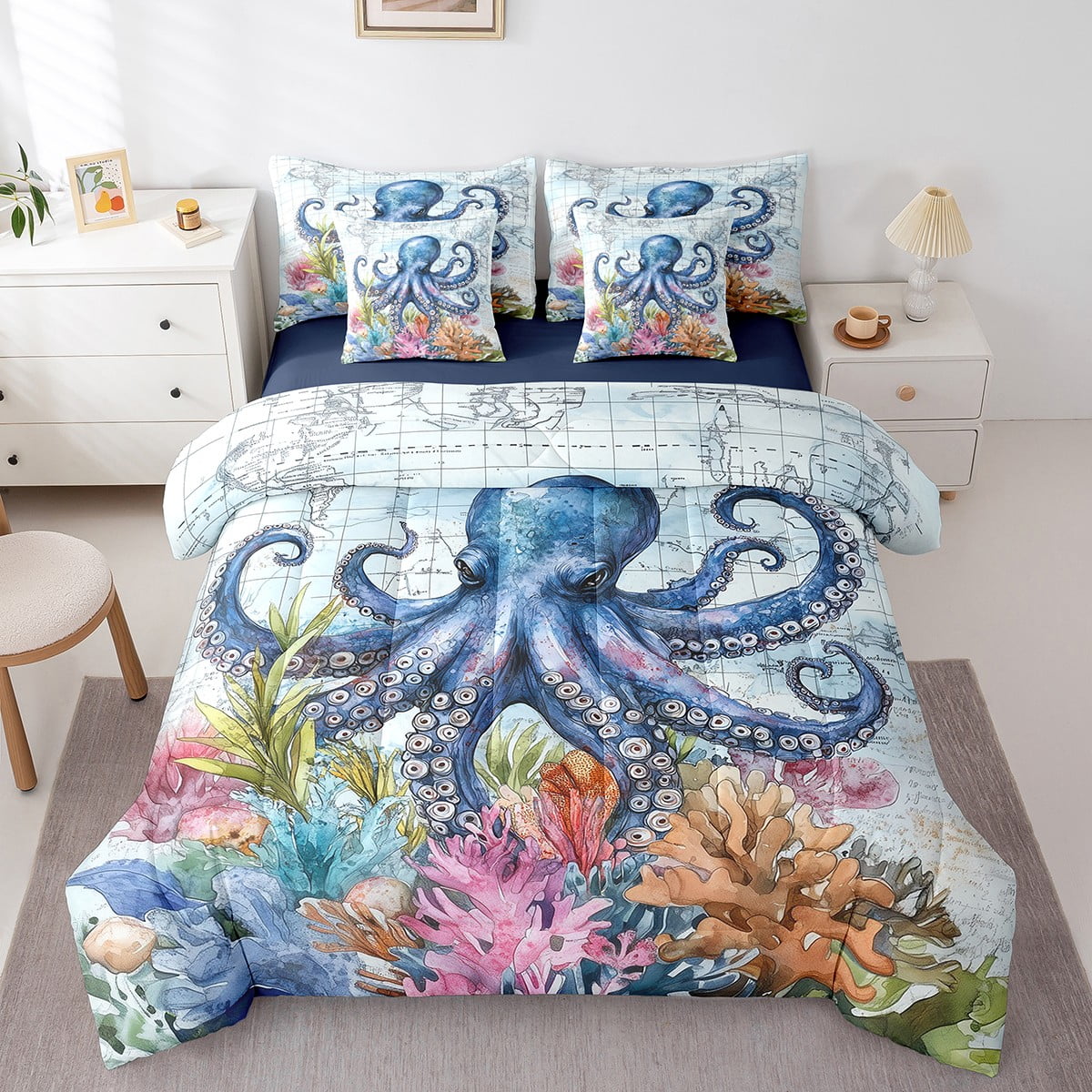 Octopus Bedding Set Blue Ocean Animal Queen Comforter Set 7 Piece ...