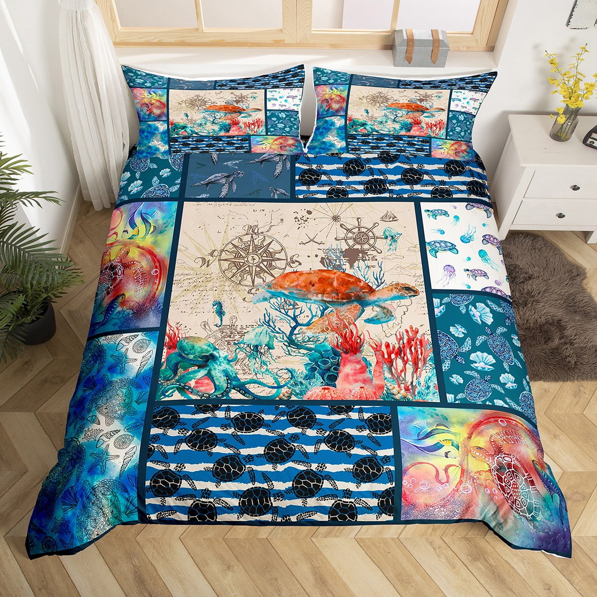 Octopus Bedding Set Queen Size, Kids 3D Sea Turtle Crab Duvet Cover ...