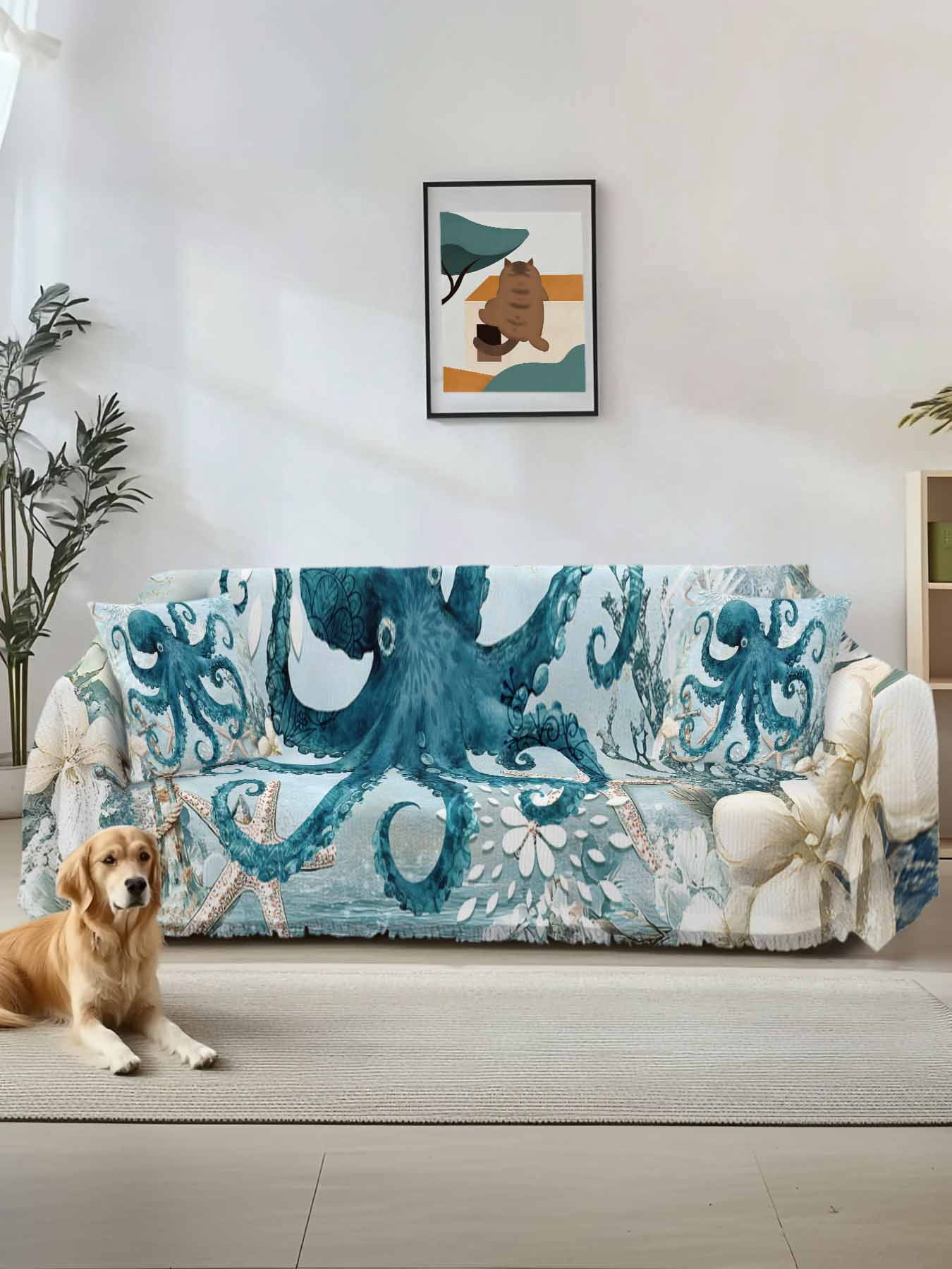 Octopus Blue Couch Cover Sofa Covers 3 Cushion Sectional Couch, Coastal ...