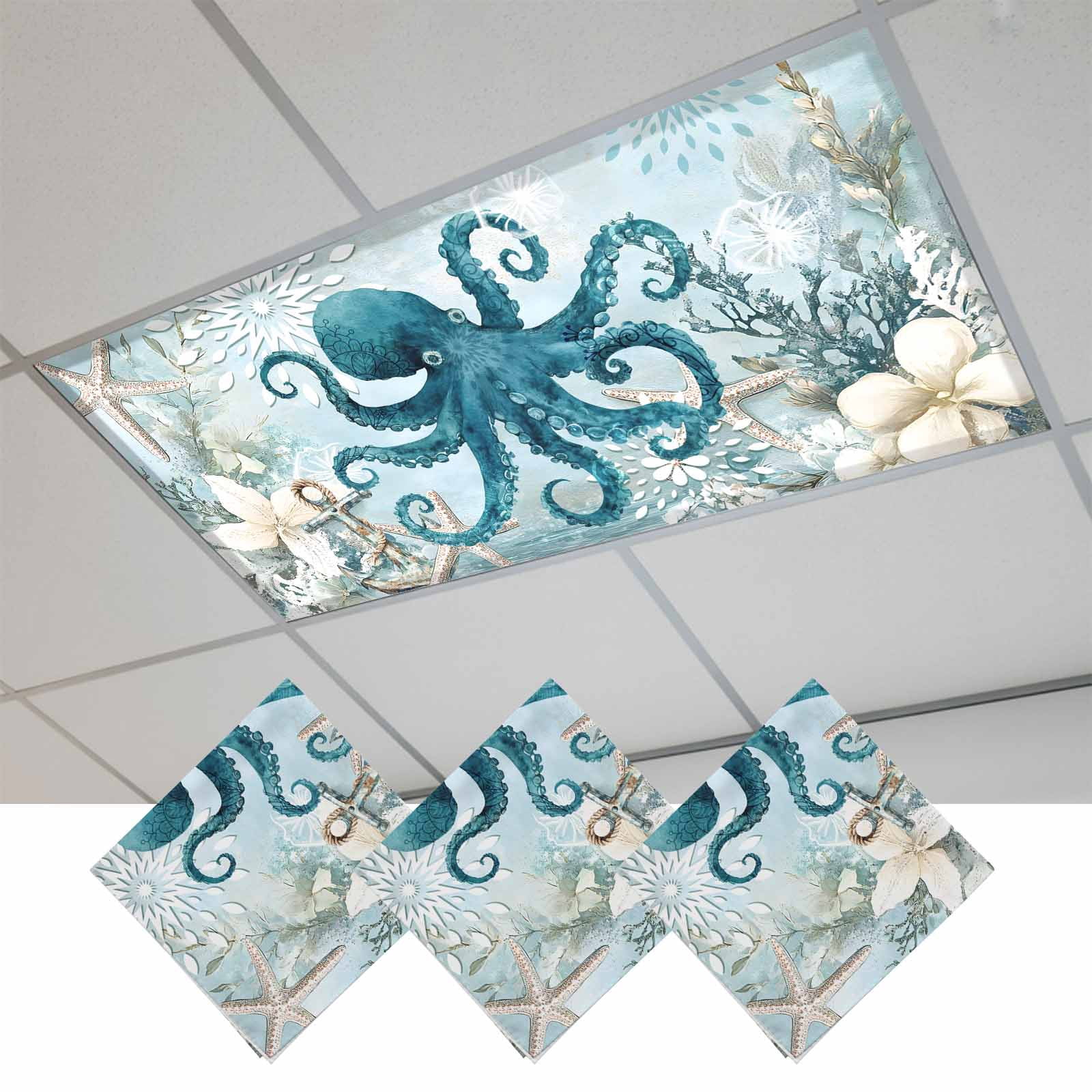 Octopus Blue Fluorescent Light Covers, Coastal Starfish Nautical Anchor ...