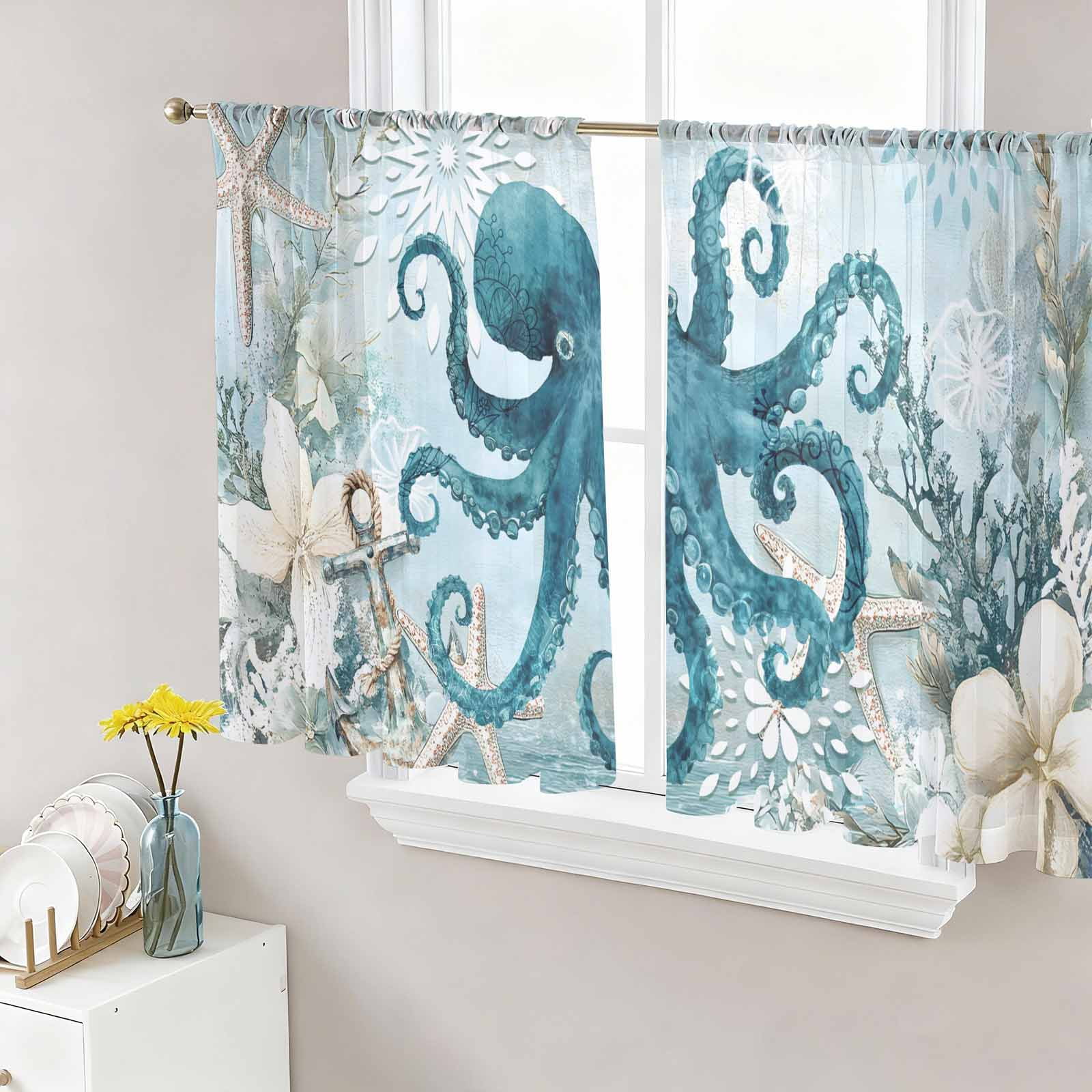 Octopus Blue Semi Sheer Curtains 45 Inch Length 2 Panels Set, Coastal ...