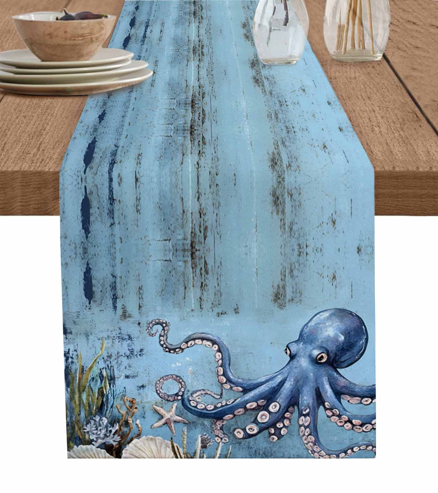 Octopus Burlap Cotton Table Runner 13x120 Inches Long, Blue Ocean ...