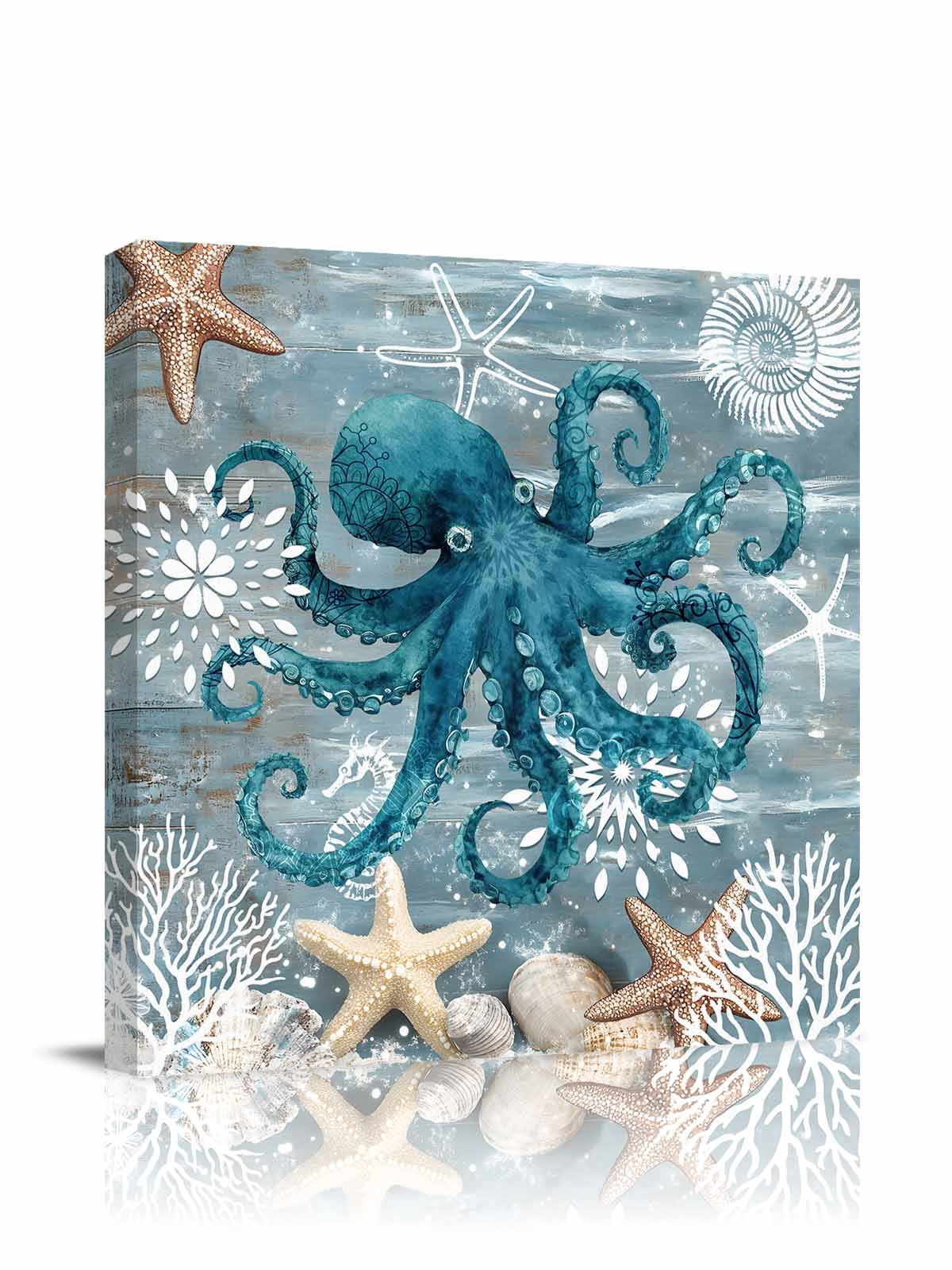 Octopus Canvas Wall Art, Coral Starfish Coral Vintage Framed Wall Decor ...