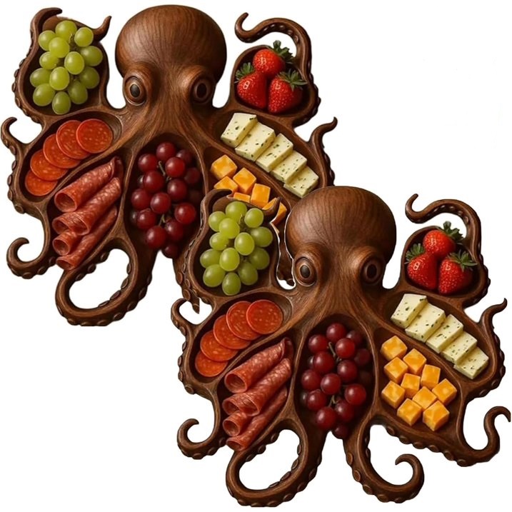 Octopus Charcuterie Platter 2Pcs, Unique Octopus Design Wood Serving ...