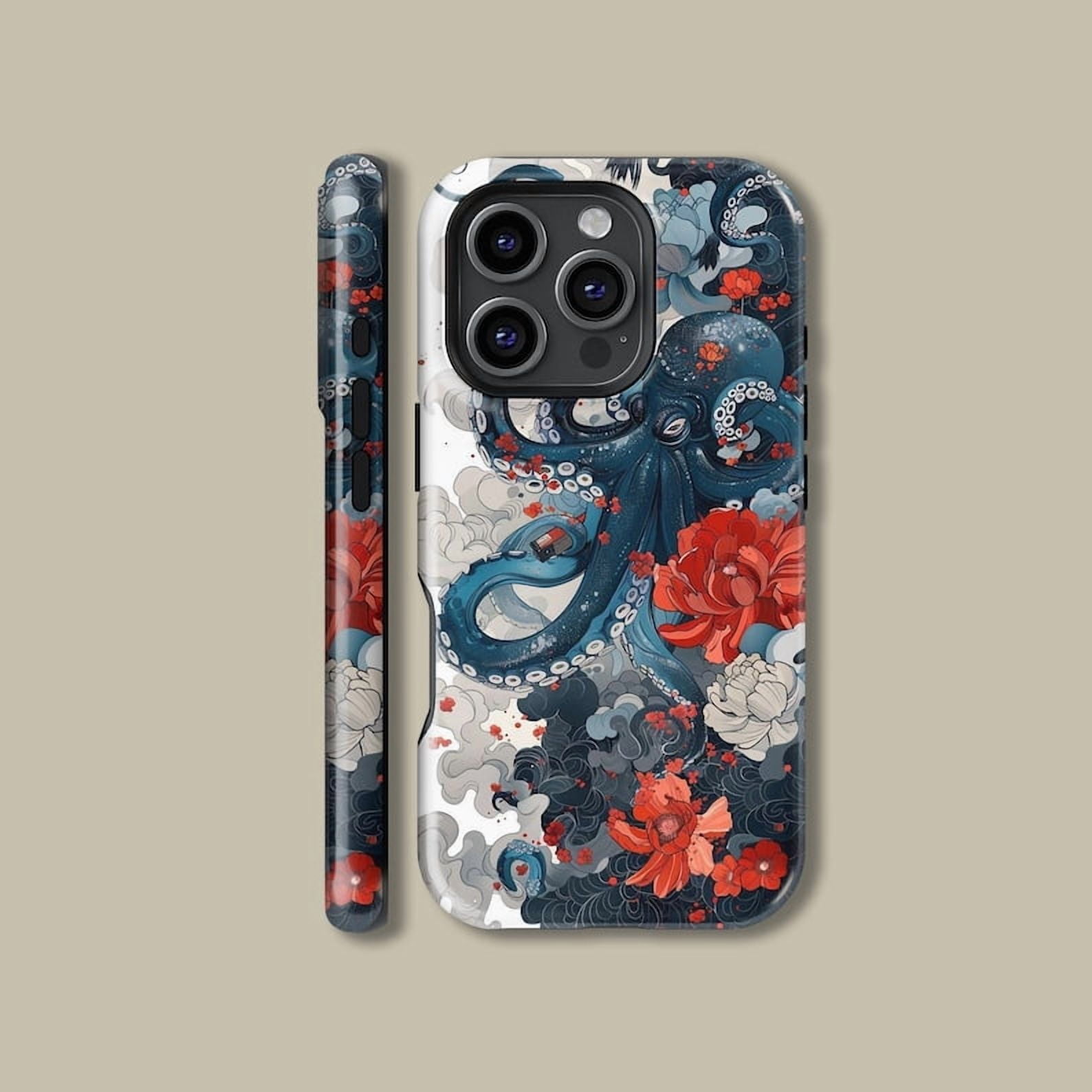 Octopus Cloudy Sea Tough Phone Case, Ocean Floral Marine Art Dual Layer ...