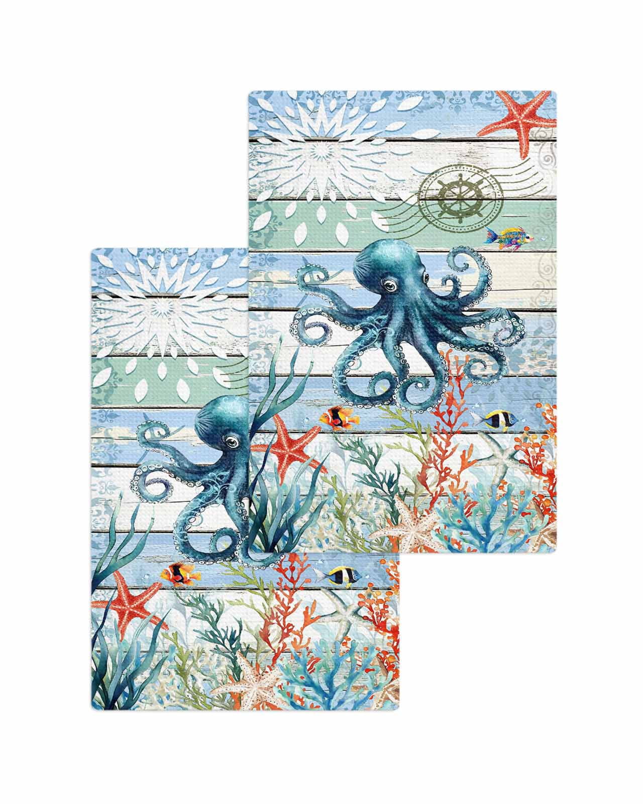 Octopus Coastal Kitchen Dish Towels for Drying Dishes Set of 2, Summer ...