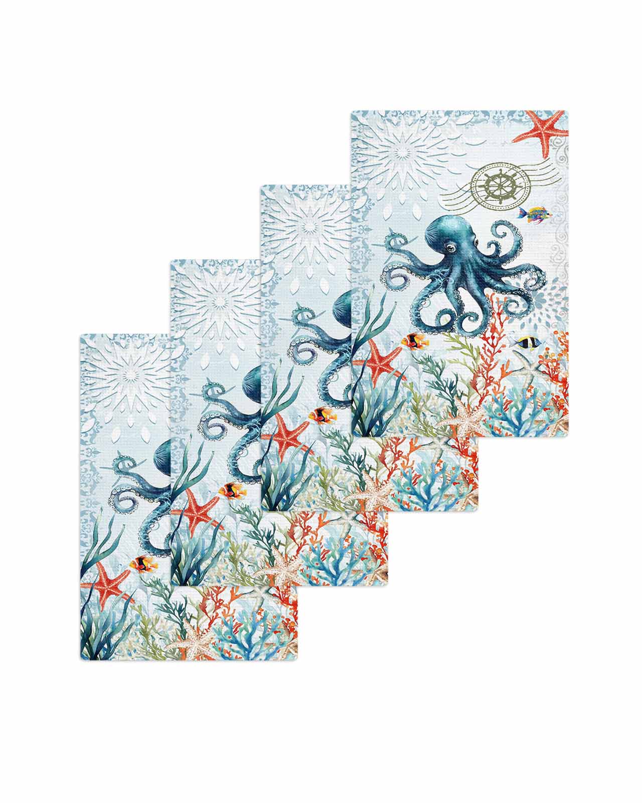 Octopus Coastal Kitchen Dish Towels for Drying Dishes Set of 4, Summer ...