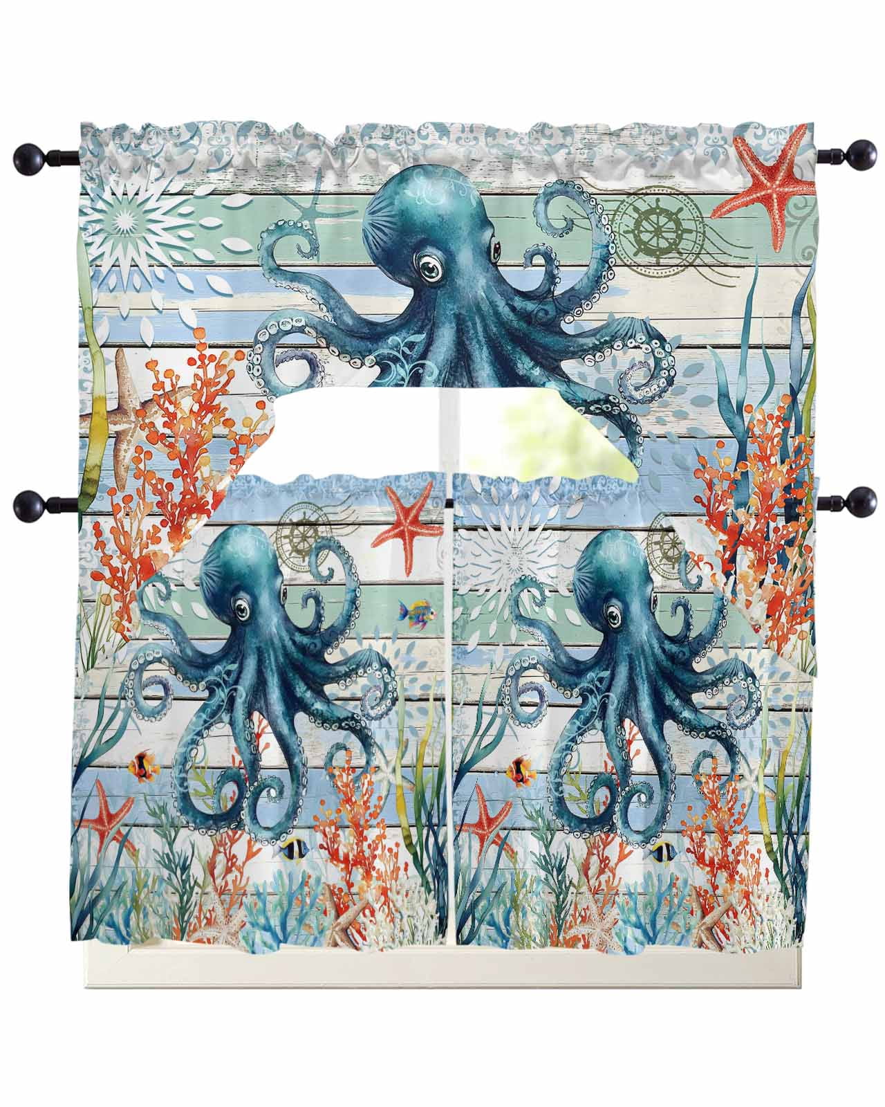 Octopus Coastal Swag Kitchen Curtains Sets for Windows 24 Inch Length ...