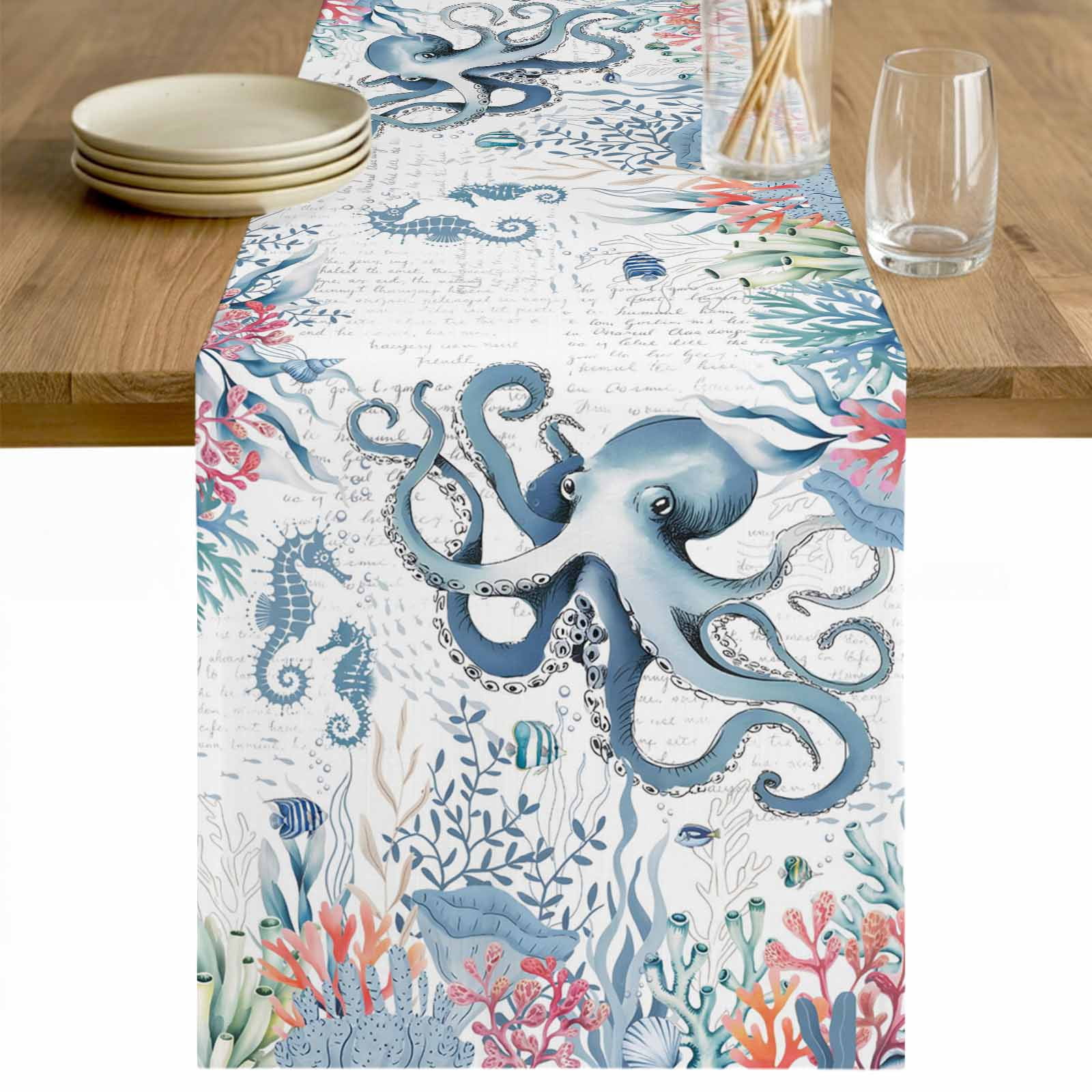 Octopus Coastal Table Runner - 108 Inch Long Beach Nautical Ocean Coral ...