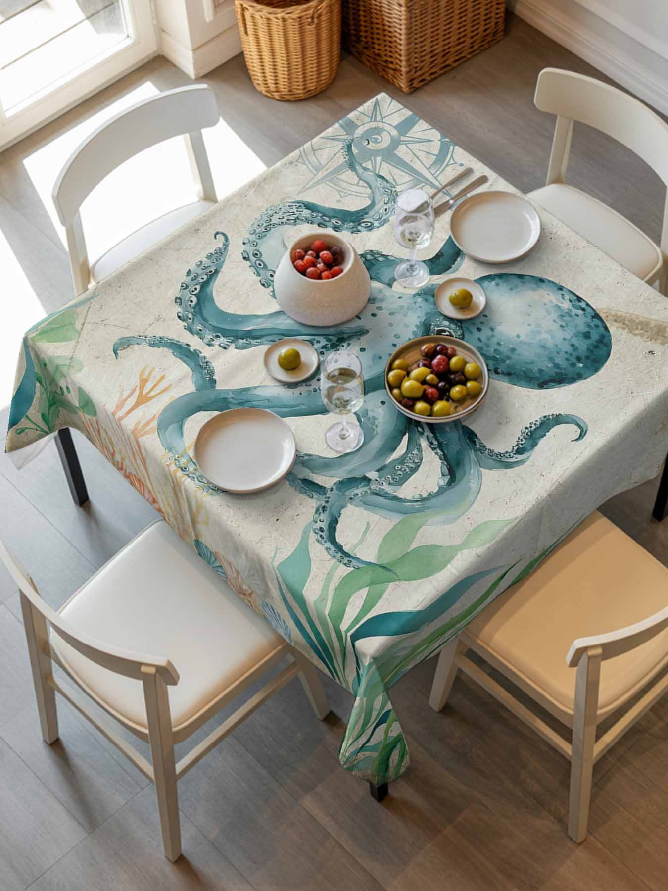 Octopus Coastal Tablecloth Square Table Cloth 54x54, Waterproof ...