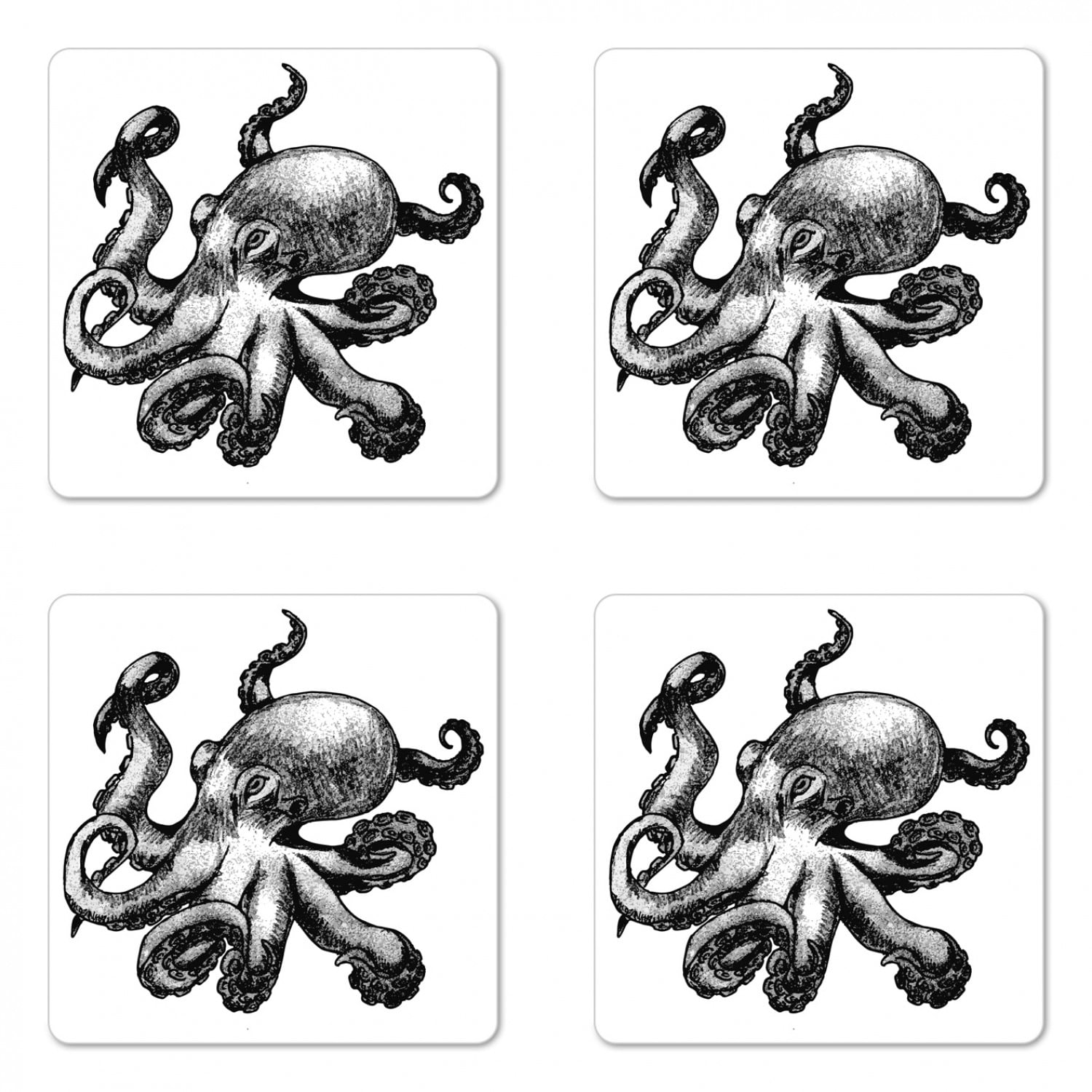 Octopus Coaster Set of 4, Hand Drawn Engraved Image of a Sea Animal on ...