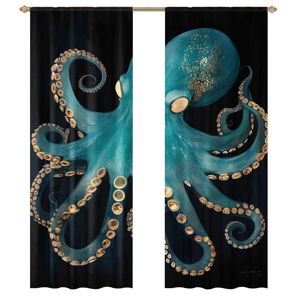 Octopus Coin Art Print Tulle Curtains For Living Room Chiffon Sheer ...