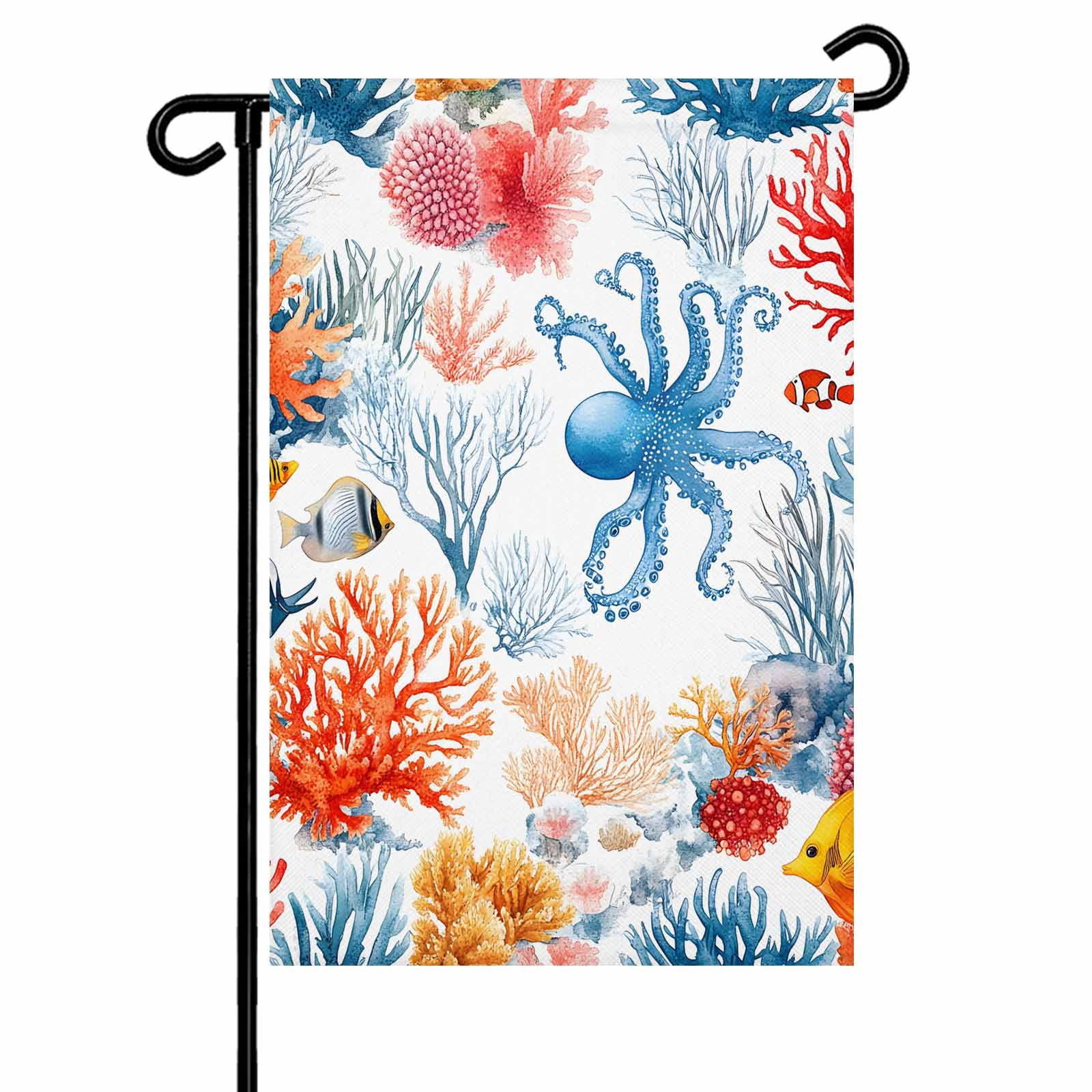 Octopus Colorful Coral Garden Flag 12x18 Inch Fish Shell Double Sided ...