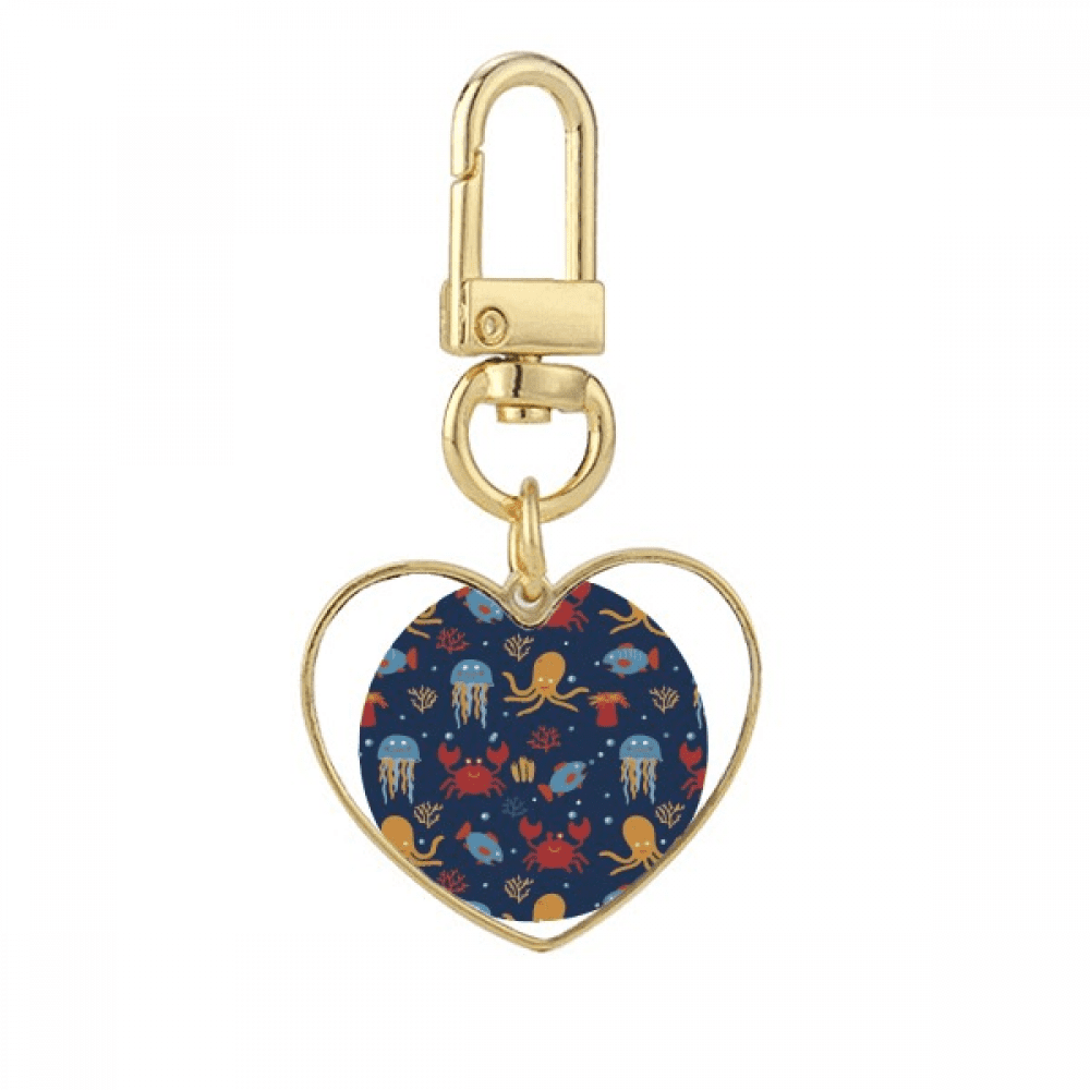 Octopus Colorful Marine Life Pattern Gold Heart Keychain Metal Keyring ...