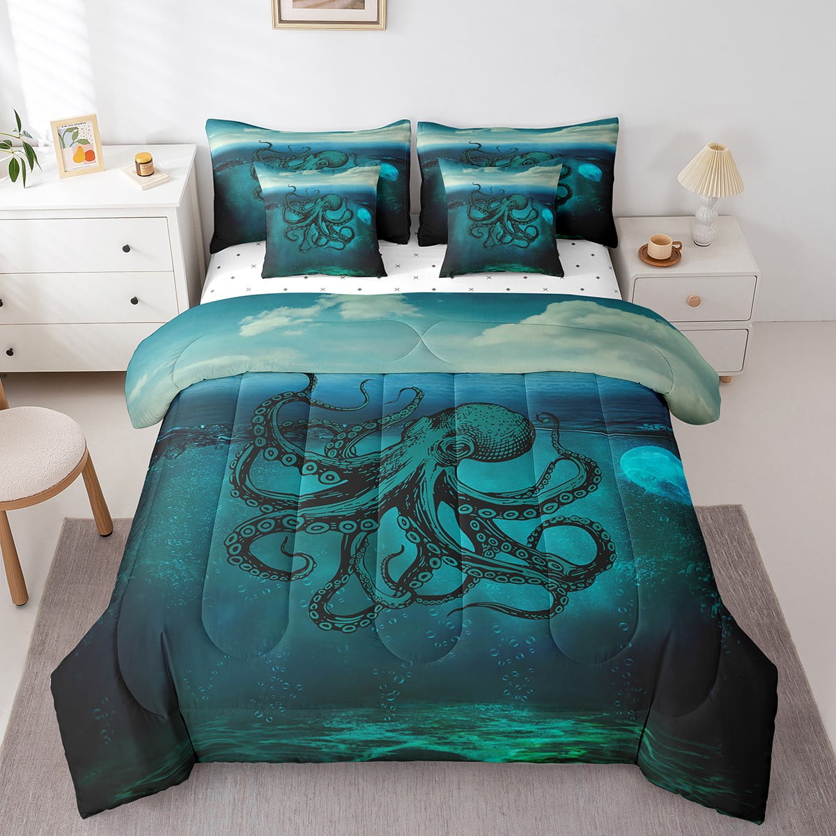 Octopus Comforter Full Size 7 Pieces Ocean Animal Bed in a Bag Set ...