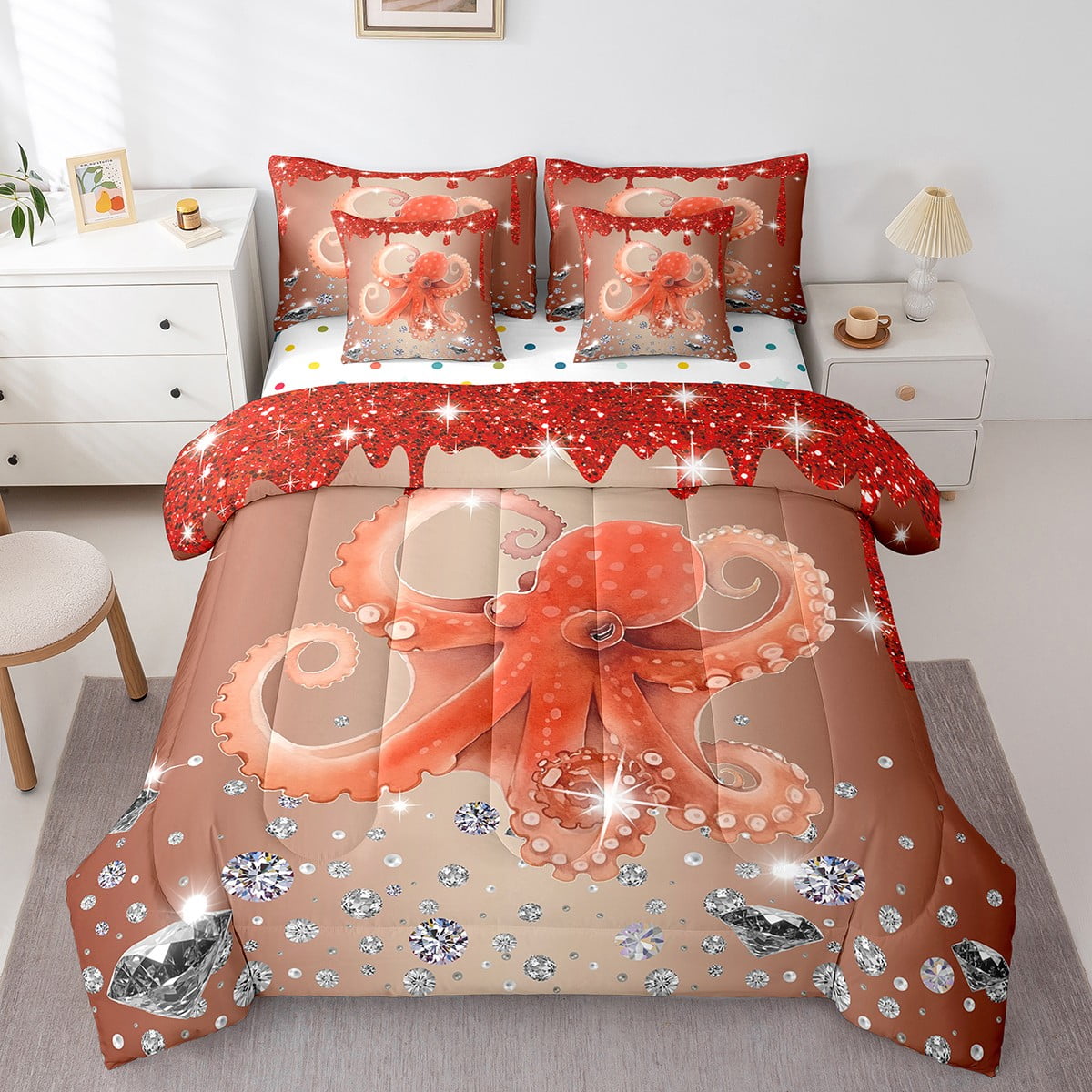 Octopus Comforter Set 7 Piece Bed in a Bag Twin,Red Sequin Fluid Art ...
