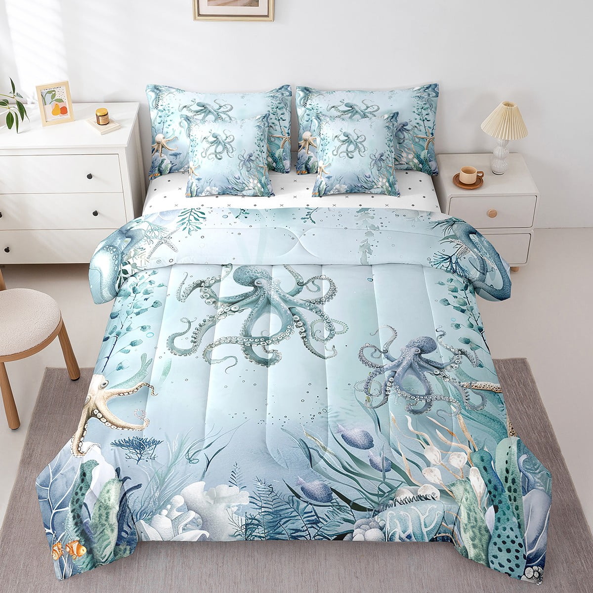 Octopus Comforter Set 7 Piece Bed in a Bag Twin,Teal Blue Ocean Beach ...