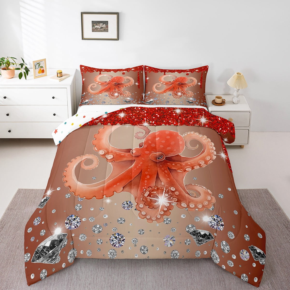 Octopus Comforter Set Red Sequin Fluid Art Twin Bedding Sets,Crystal ...