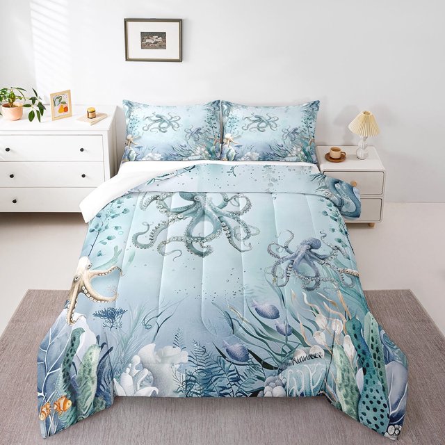 Octopus Comforter Set Teal Blue Ocean Beach Coastal Bedding Comforter ...