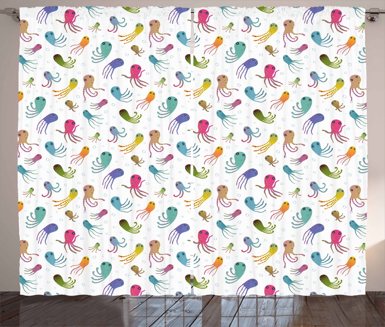 Octopus Curtains 2 Panels Set, Doodle Style Ocean Animals Maritime ...