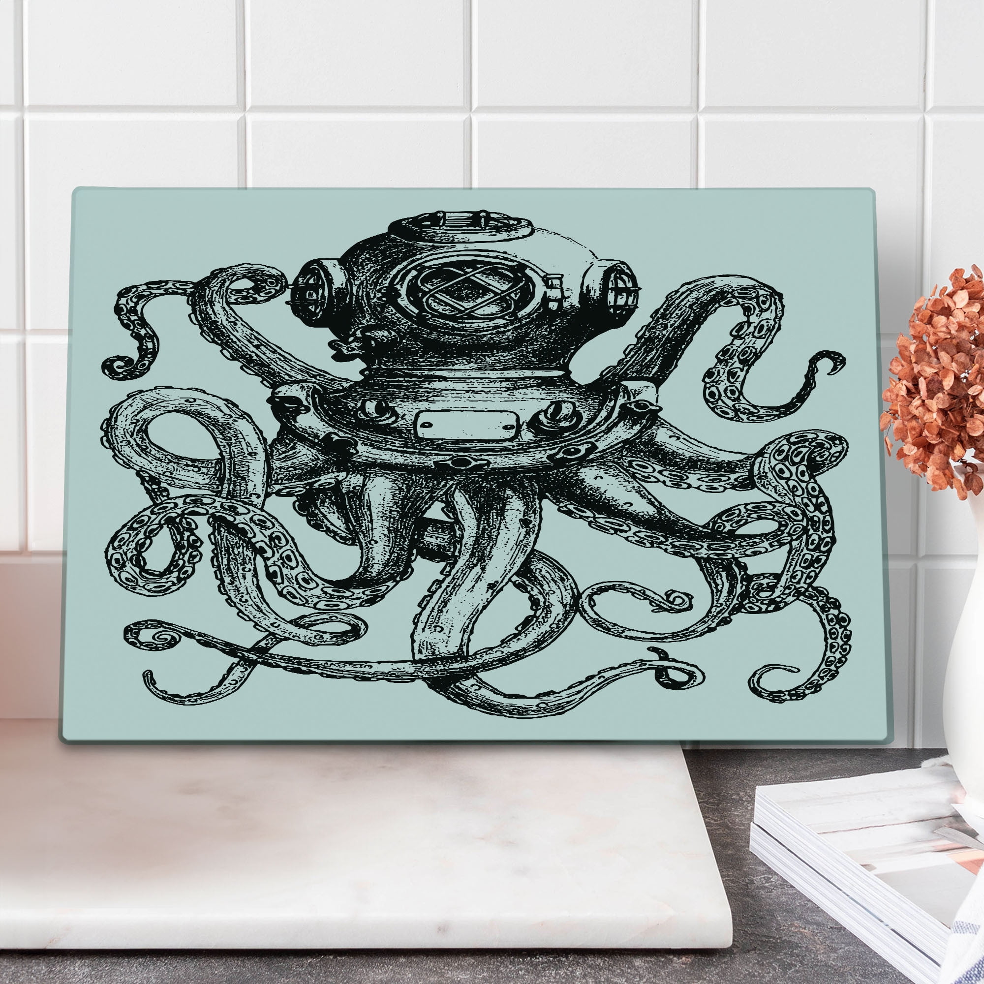 Octopus Cutting Board, Vintage Style Diver Octopus Marine Animal ...