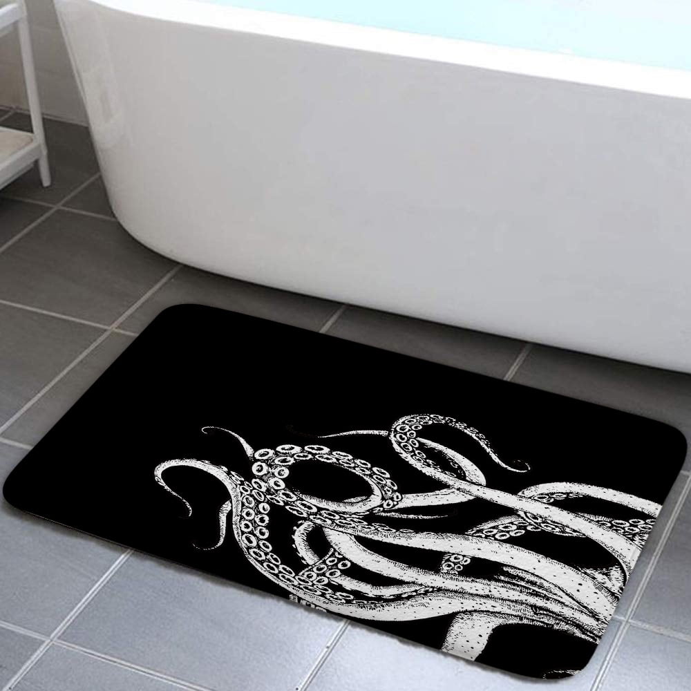 Octopus Decor Bath Mat for Bathroom, Funny Black and White Sea Monster ...