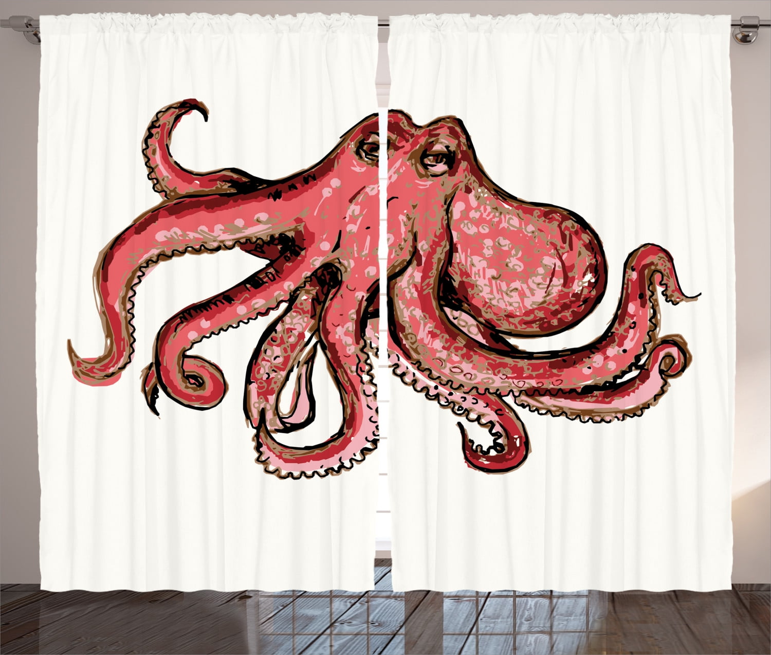 Ambesonne Octopus Curtains 2 Panel Set, Pink Watercolor Animal, 108" x ...