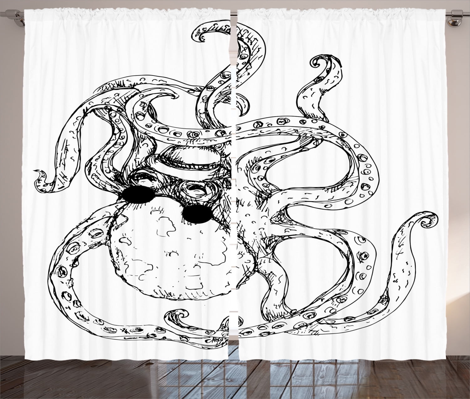 Ambesonne Octopus Curtains 2 Panel Set, Hipster Animal Sketch, 108" x ...