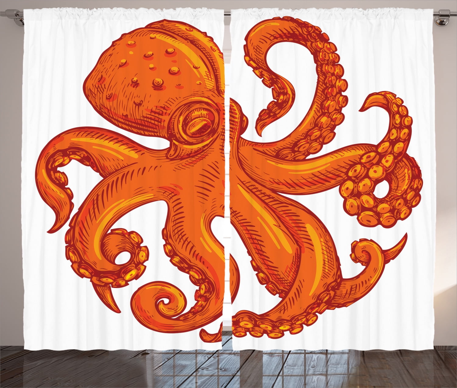Ambesonne Octopus Curtains 2 Panel Set, Orange Animal Wildlife, 108" x ...
