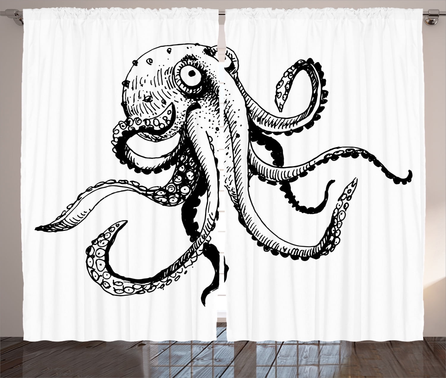 Ambesonne Octopus Curtains 2 Panel Set, Comic Funny Art Doodle, 108" x ...