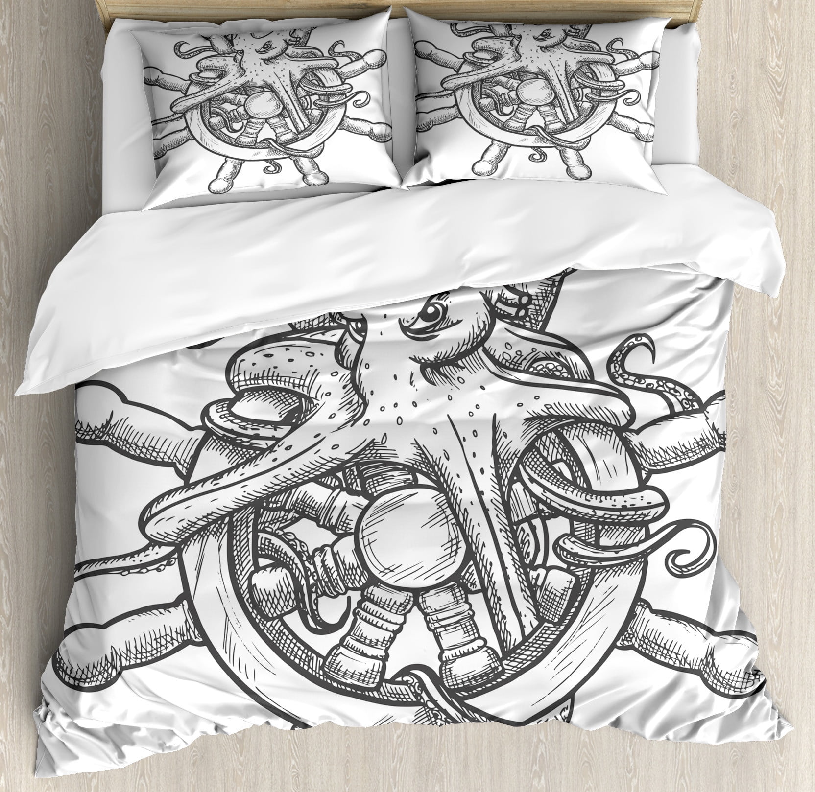 Octopus Duvet Cover Set, Dangerous Octopus on Helm of Sailing Ship with ...