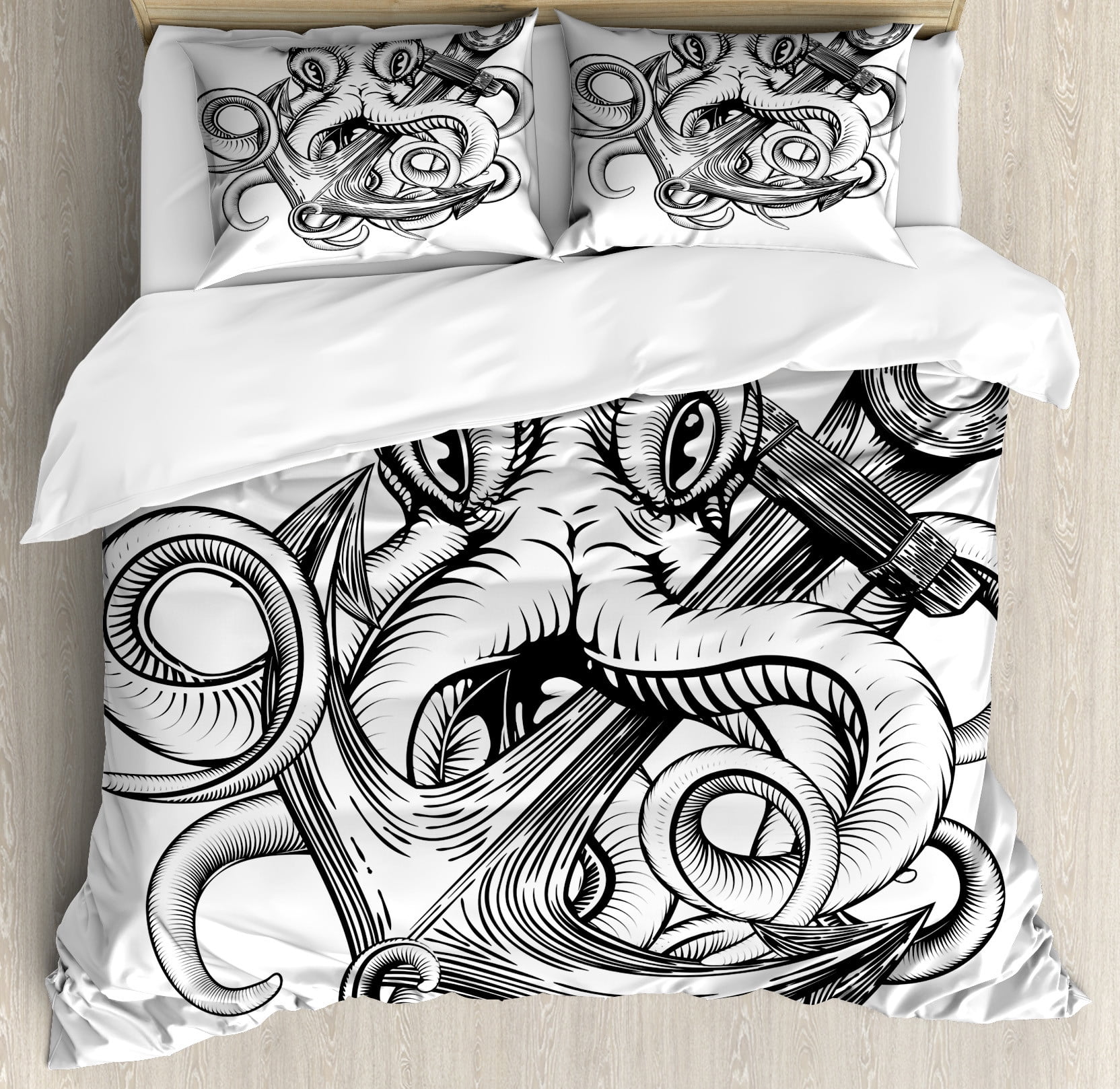Octopus Duvet Cover Set, Illustration of an Octopus Holding a Ships ...