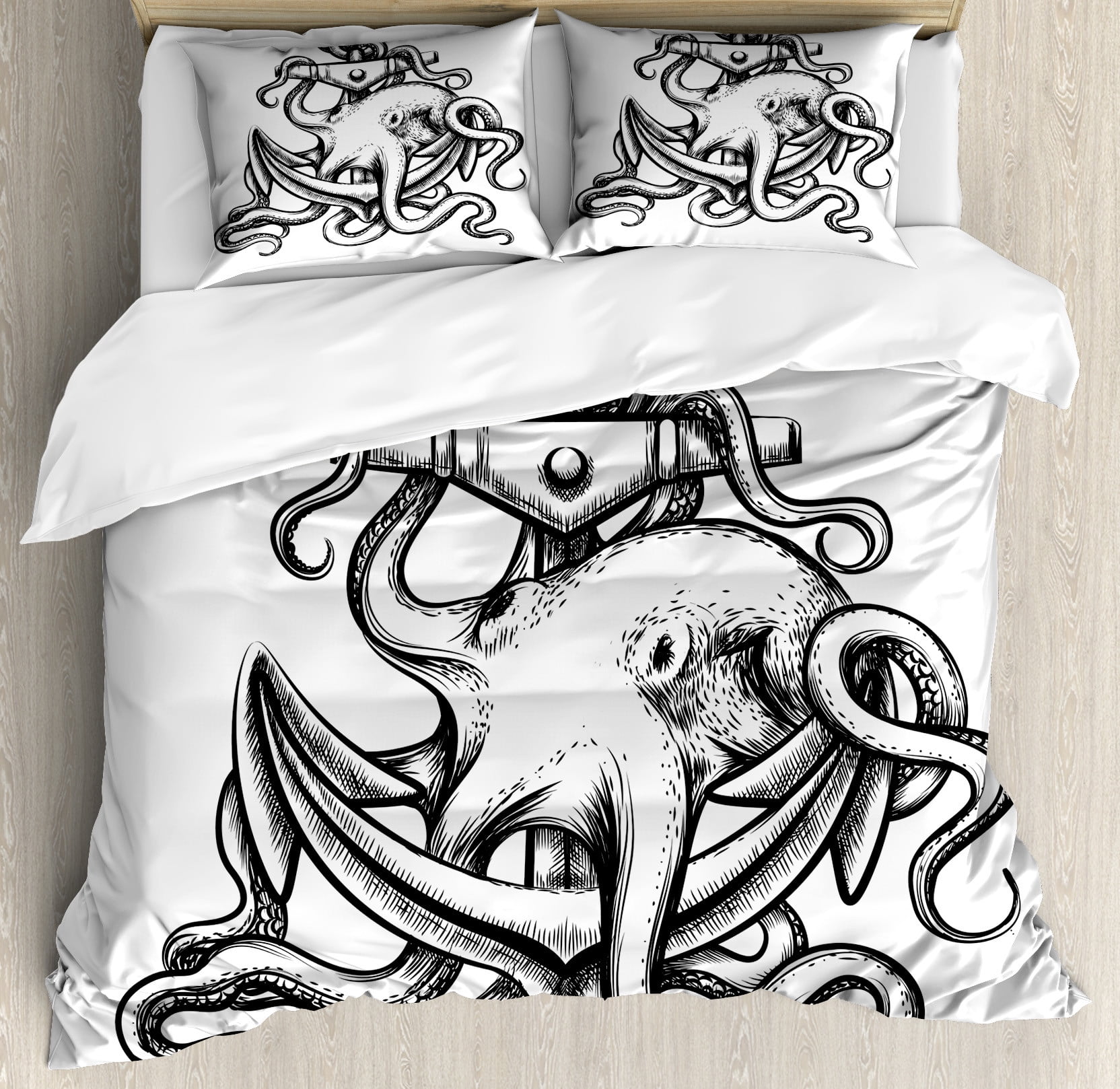 Octopus Duvet Cover Set, Nautical Theme Anchor and Octopus with Long ...