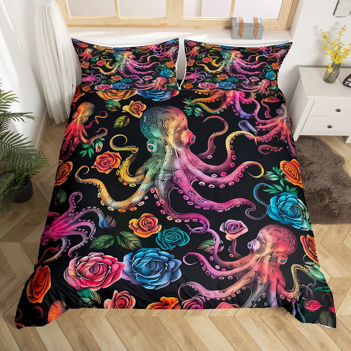 Octopus Duvet Cover Set Rainbow Tentacles Queen Bedding Sets,Watercolor ...