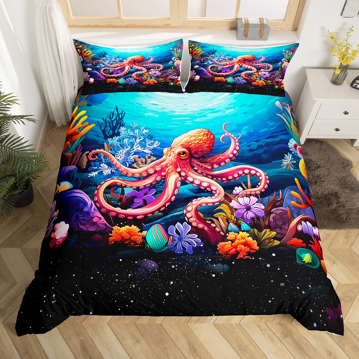 Octopus Duvet Cover Set Red Tentacles Twin Bedding Sets,Tropical ...