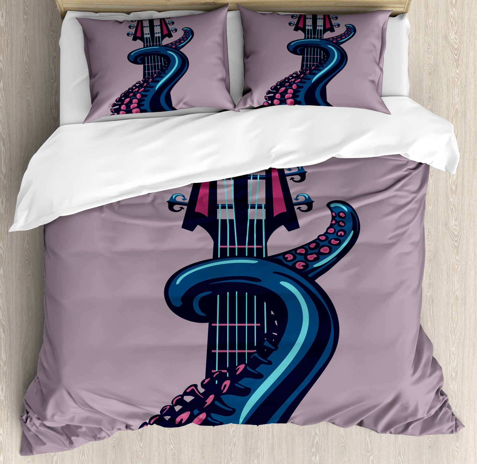Octopus Duvet Cover Set, Sea Animal with Guitar Riff Musical Instrument ...
