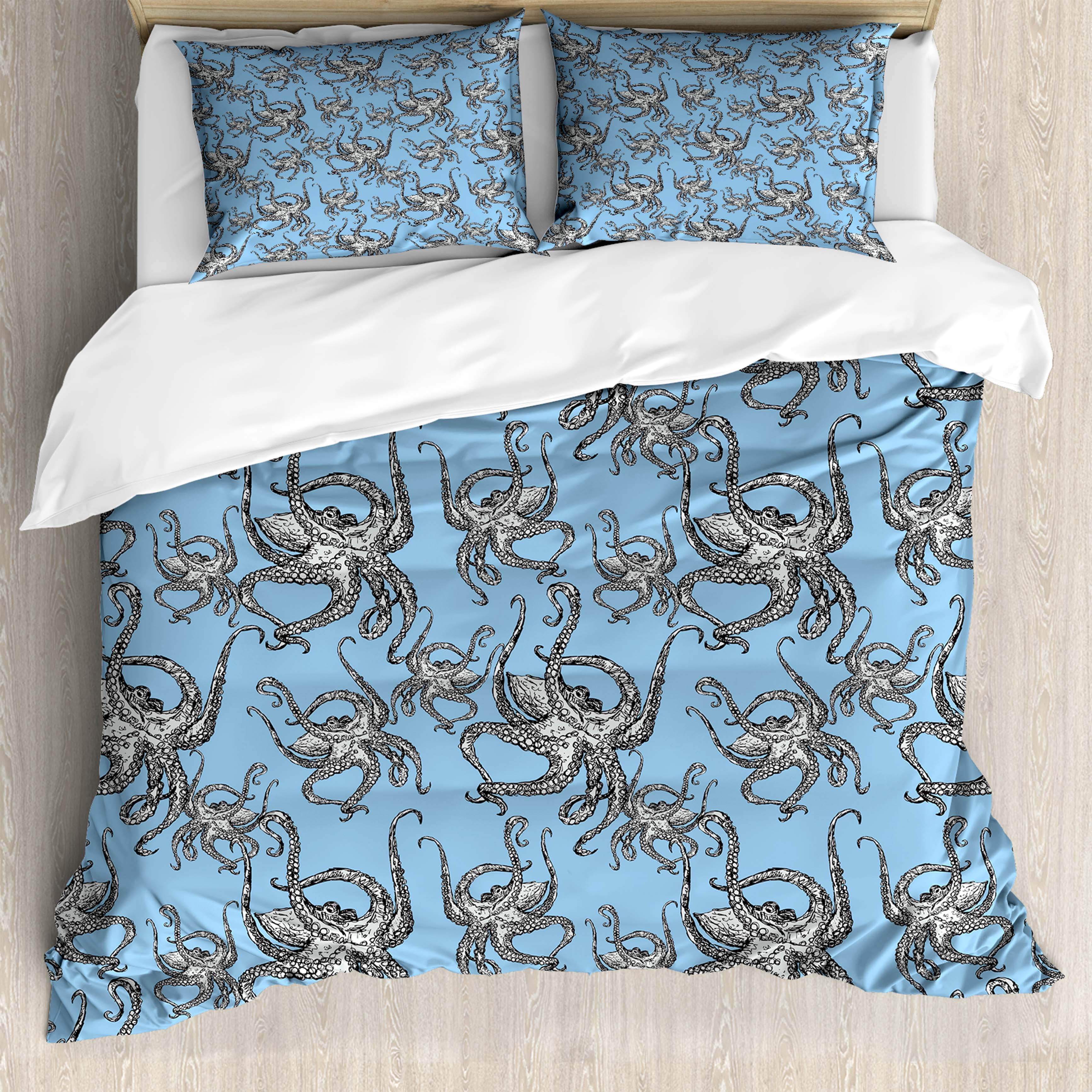 Octopus Duvet Cover Set, Sea Fish Ocean Creature Grunge Toned ...