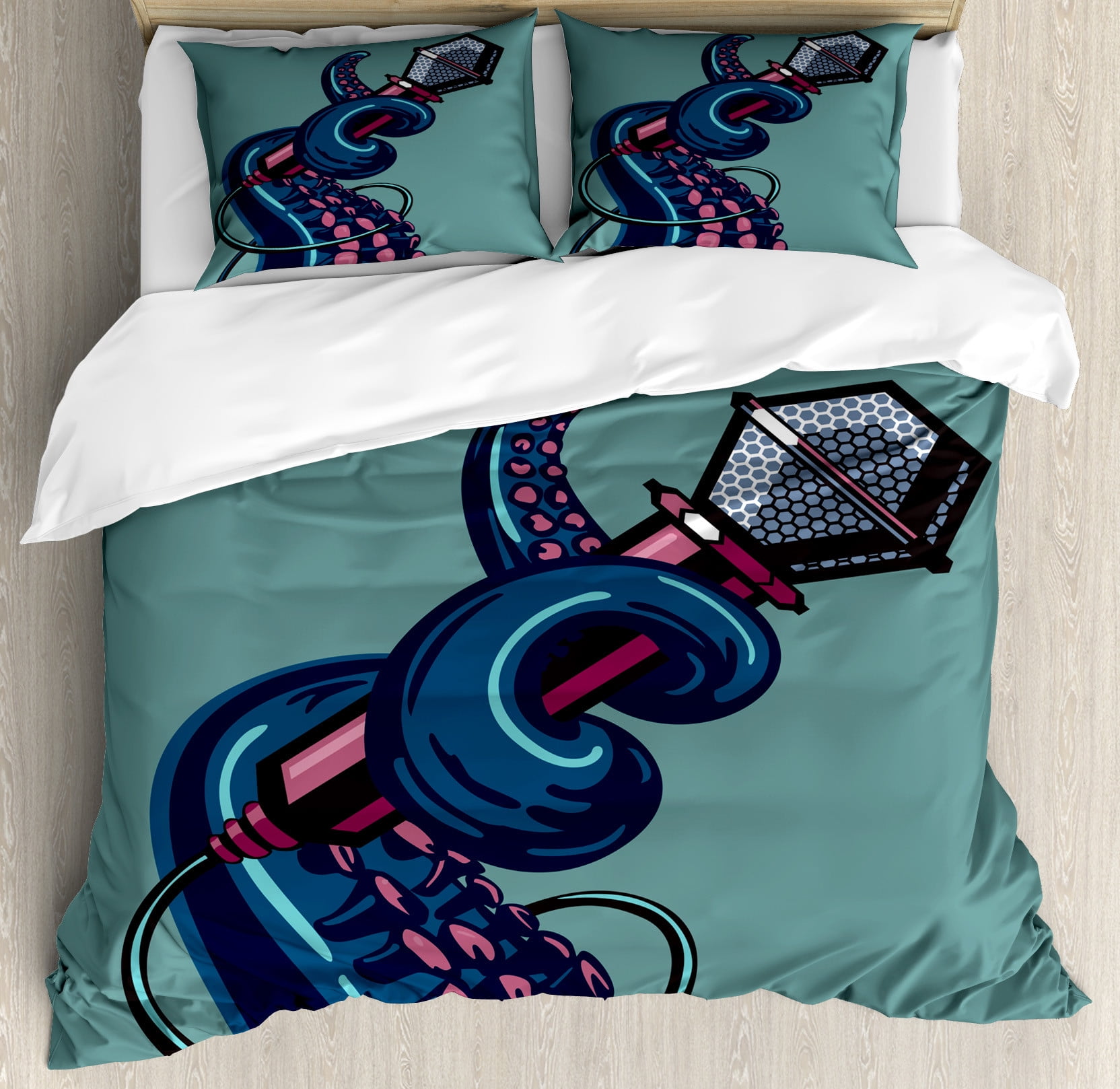 Octopus Duvet Cover Set, Octopus Tentacle Holding a Microphone Retro ...