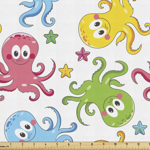 Ambesonne Octopus Fabric by the Yard Upholstery, Cheerful Ocean Animals ...