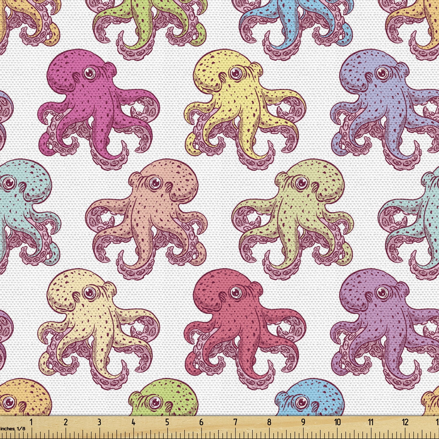 Octopus Fabric by the Yard Upholstery, Hand Drawn Animal Pattern with ...