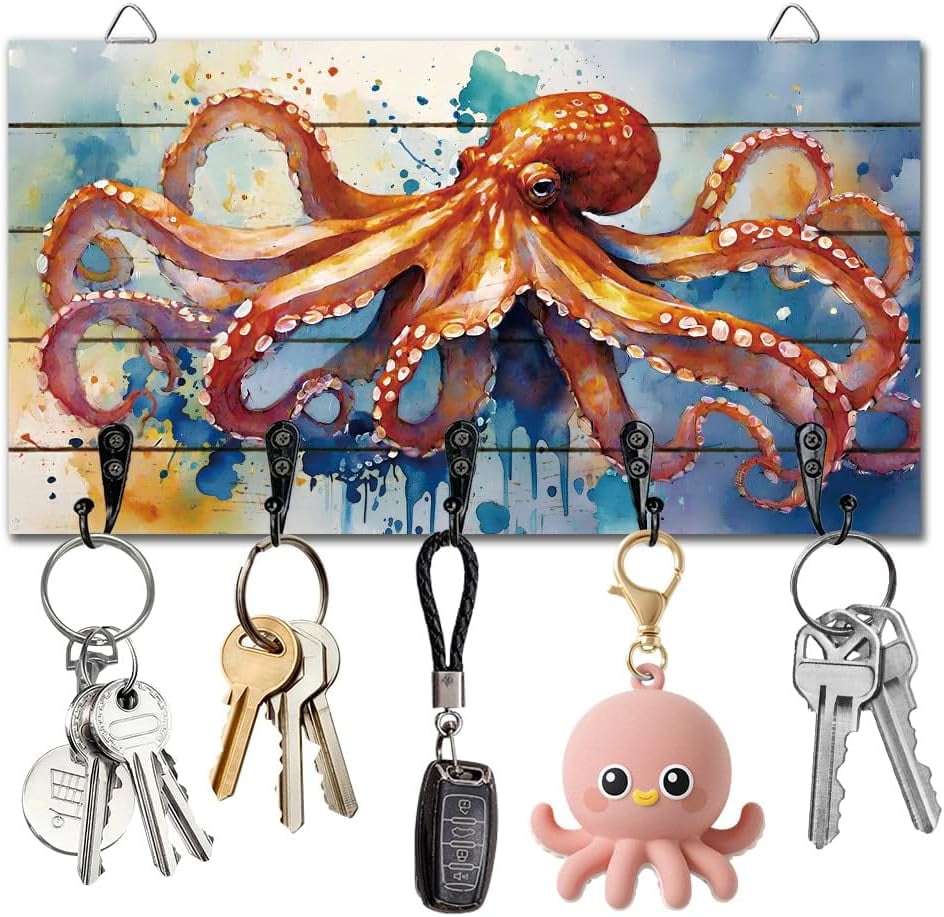 Octopus Key Holder Wall Mounted Display Wooden Key Racks with 5 Metal ...