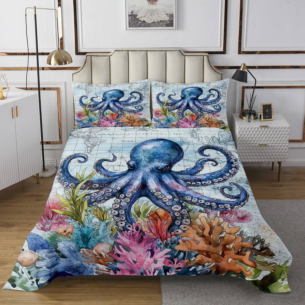 Octopus King Bedspread Set Blue Ocean Animal Coverlet Set Colorful ...