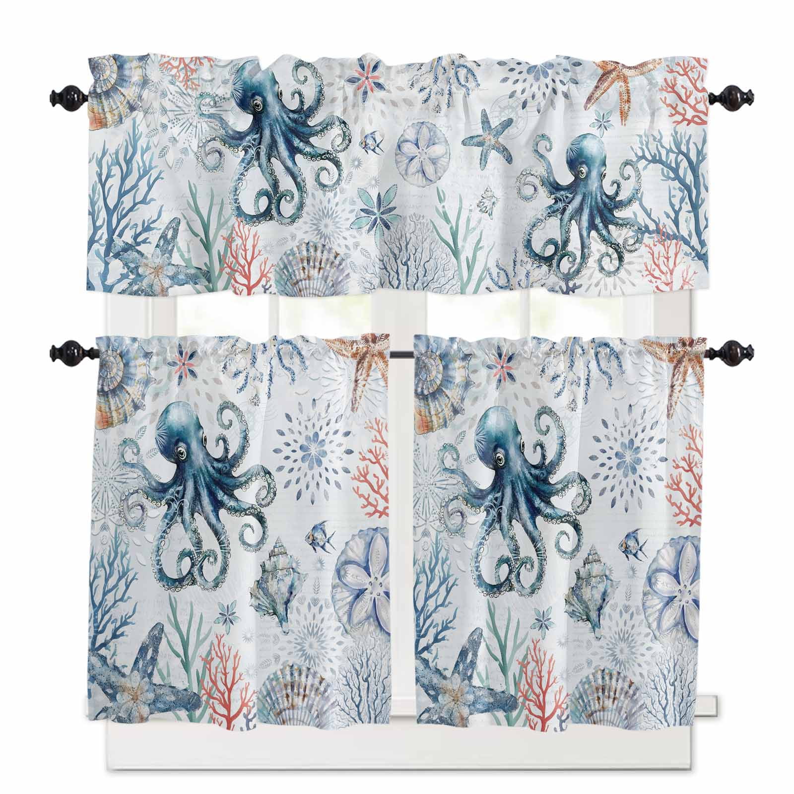 Octopus Kitchen Curtains Set for Windows 3 Pieces,36 Inch Length Tier ...