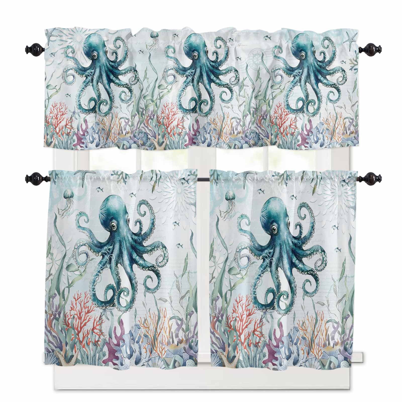 Octopus Kitchen Curtains Set for Windows 3 Pieces,36 Inch Length Tier ...