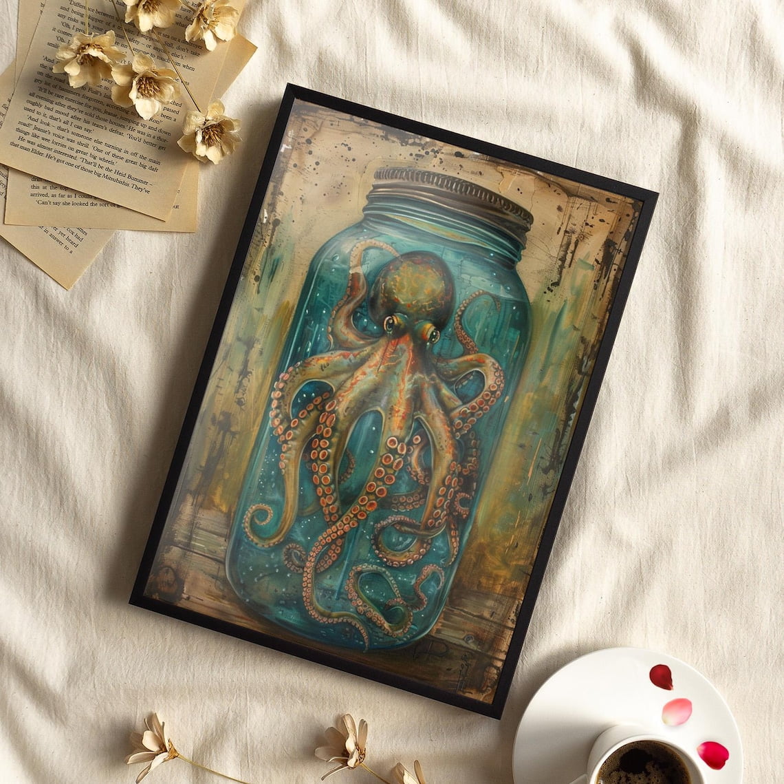 Octopus In Mason Jar Watercolor Art Print, Nautical Decor Sea Life Wall ...
