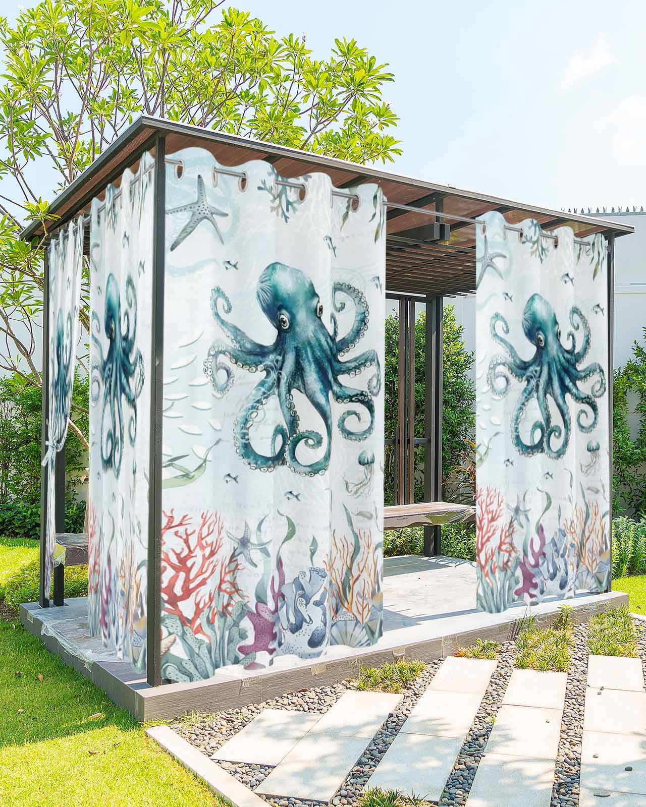 Octopus Outdoor Curtains for Patio Waterproof,Ocean Coral Starfish ...