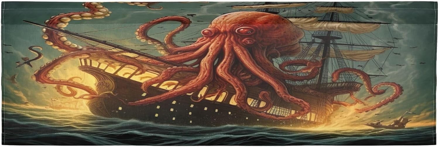 Octopus Pirate Ship Curtain Valance for Windows, Rod Pocket Valance ...