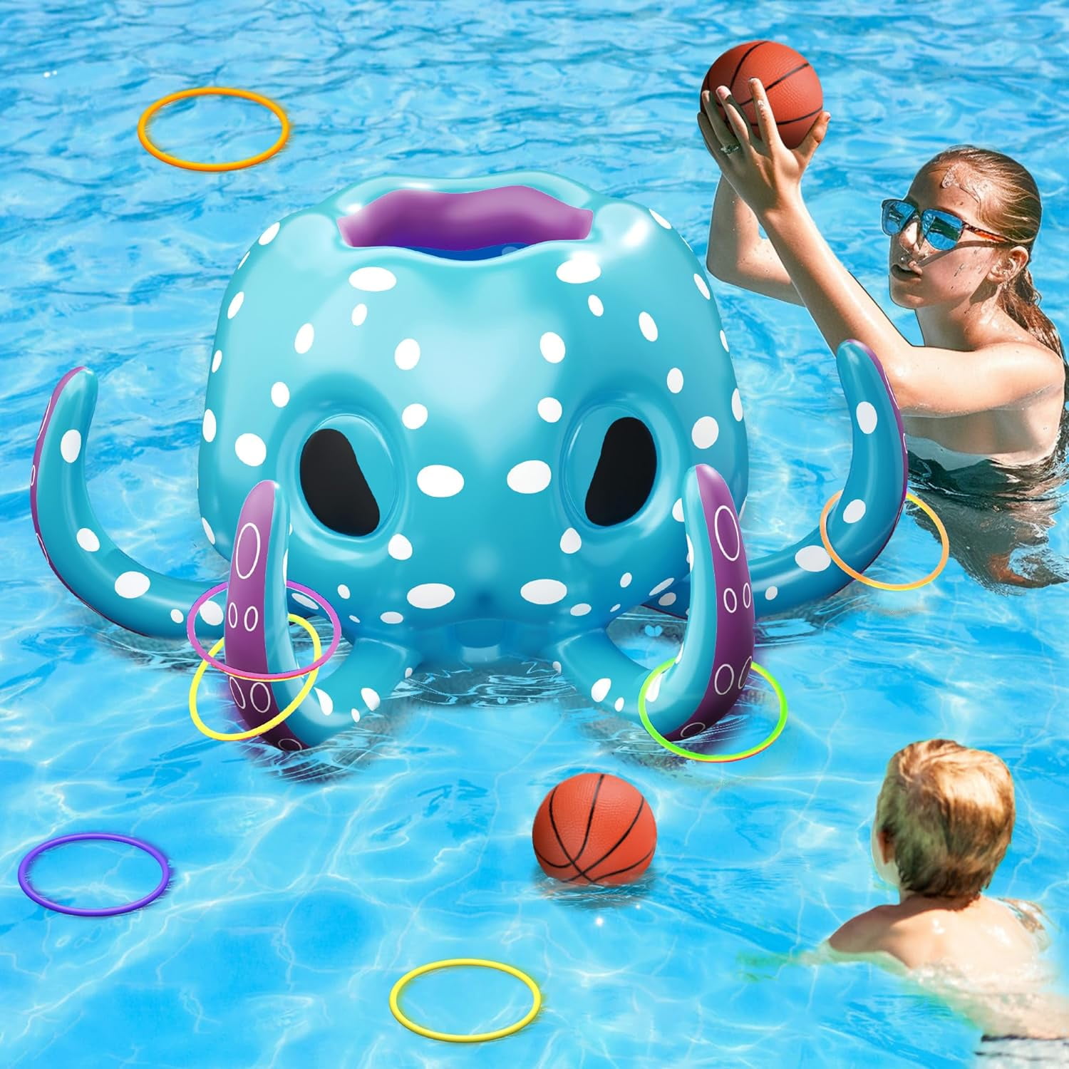 Octopus Pool Toys 2-in-1 Inflatable Pool Floats Basketball Hoop & Ring ...