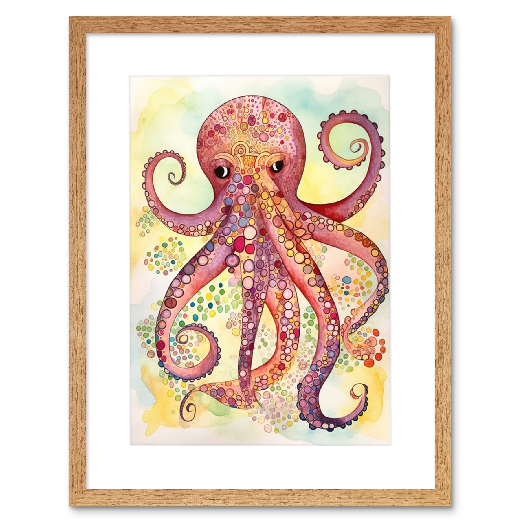 Octopus Portrait Bright Folk Art Watercolour Painting Artwork Framed ...