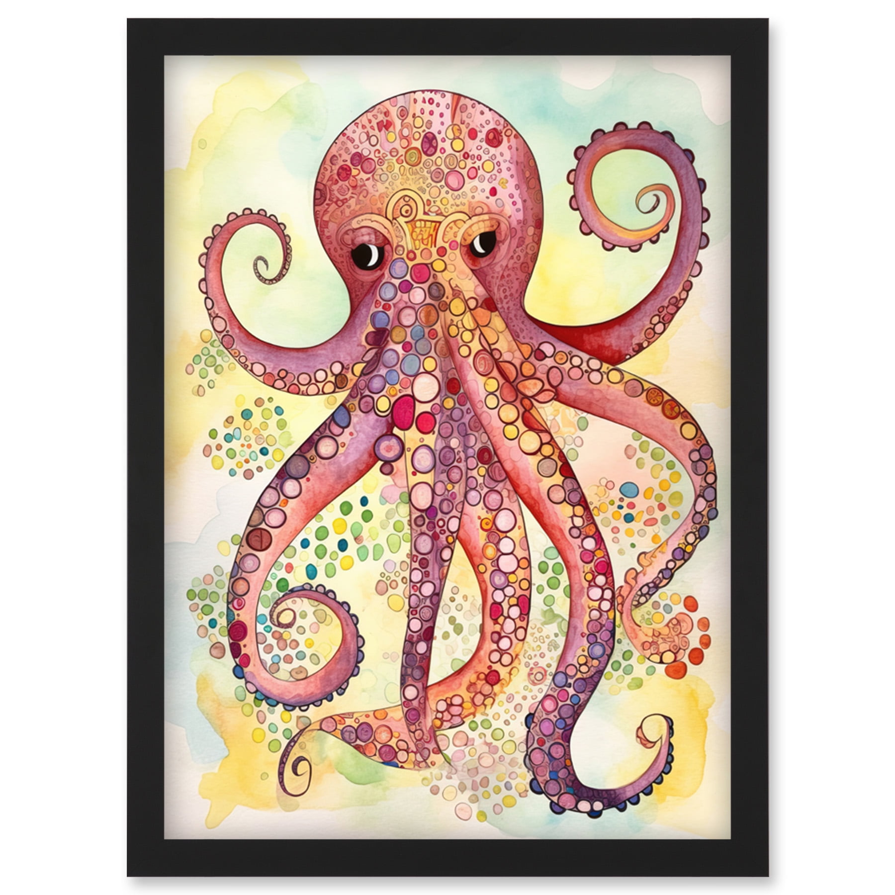 Octopus Portrait Bright Folk Art Watercolour Painting Artwork Framed ...